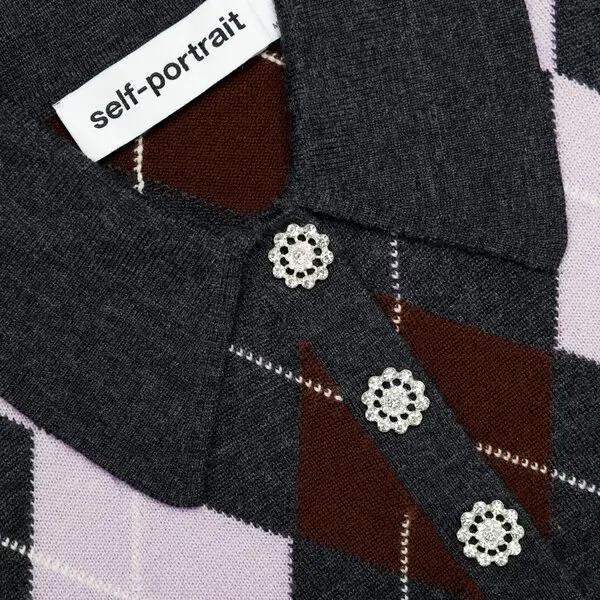 SELF-PORTRAIT Argyle Diamanté Polo Jumper - Grey