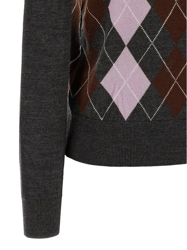 SELF-PORTRAIT Argyle Diamanté Polo Jumper - Grey