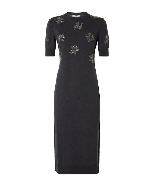 Fendi Knitted Sequined Flower Midi Dress - Black