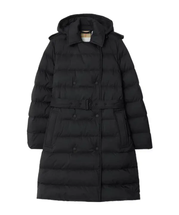 Burberry Double Breasted Belted Hooded Puffer Coat - Black