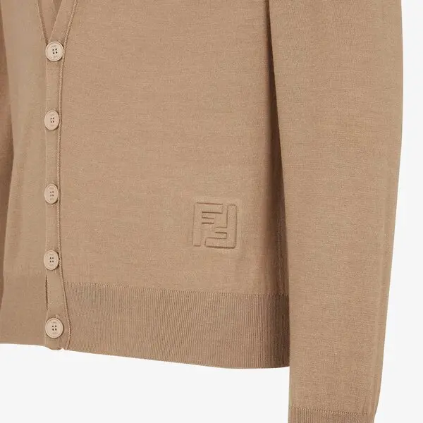 Fendi V-neck Buttoned Knitted Cardigan With Ff Hem Detail - Light Brown