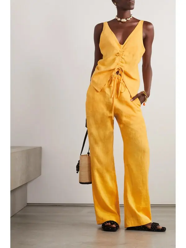Nanushka Linen Drawstring V-neck Top - Orange