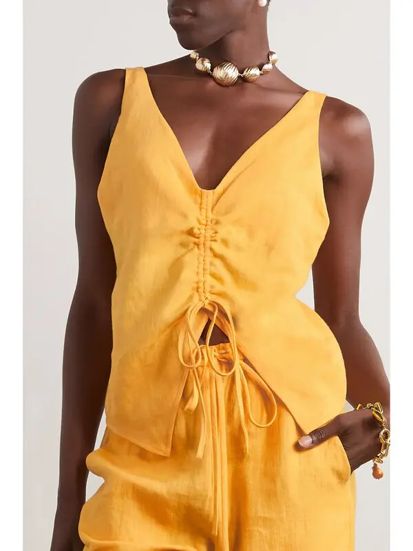 Nanushka Linen Drawstring V-neck Top - Orange