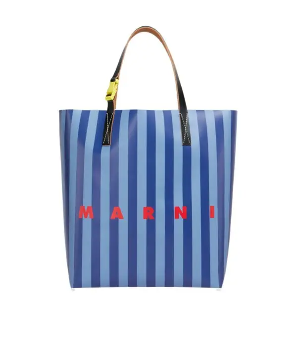 Marni Striped Shopping Bag With Buckle Detail - Blue