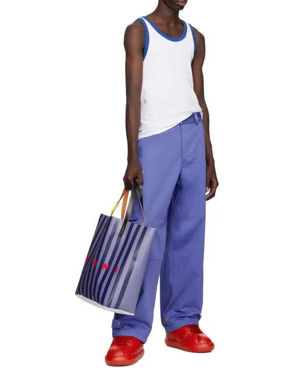 Marni Logo Printed Striped Tote Bag - Blue