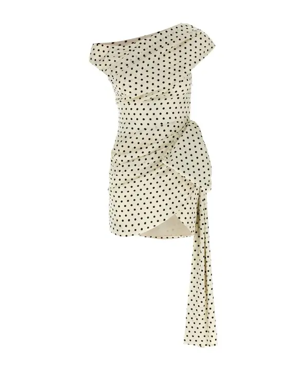 SELF-PORTRAIT Polka Dot Draped One-shoulder Mini Dress - Nude
