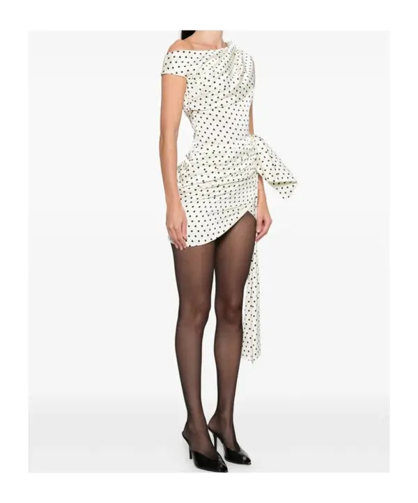 SELF-PORTRAIT Polka Dot Draped One-shoulder Mini Dress - Nude