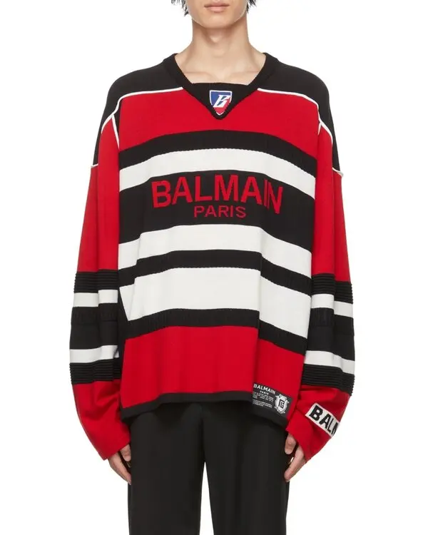 Balmain Striped V-neck Wool Sweater