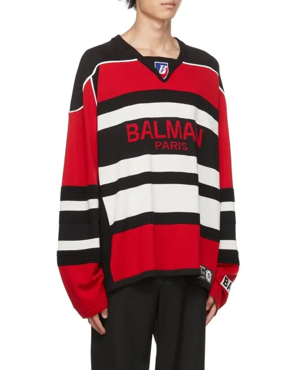 Balmain Striped V-neck Wool Sweater