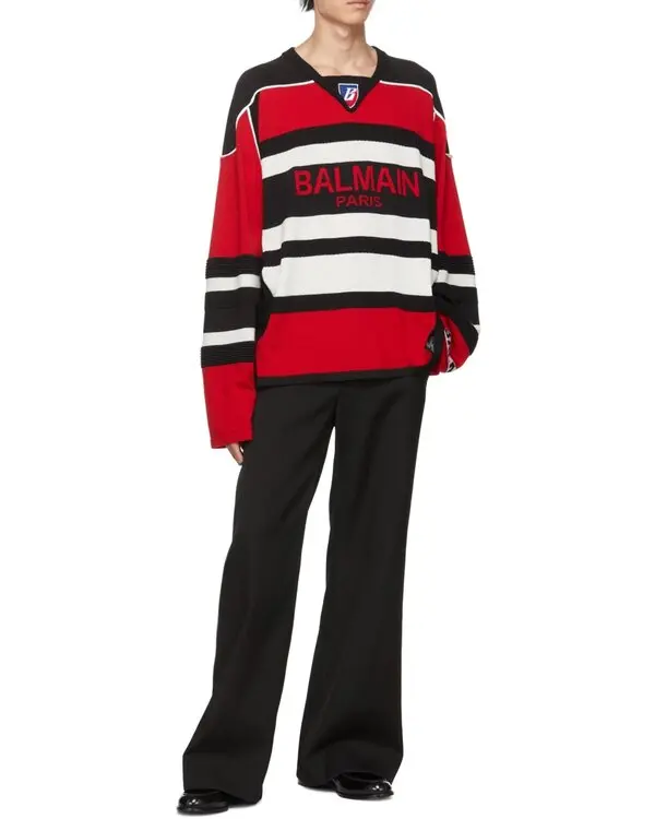 Balmain Striped V-neck Wool Sweater