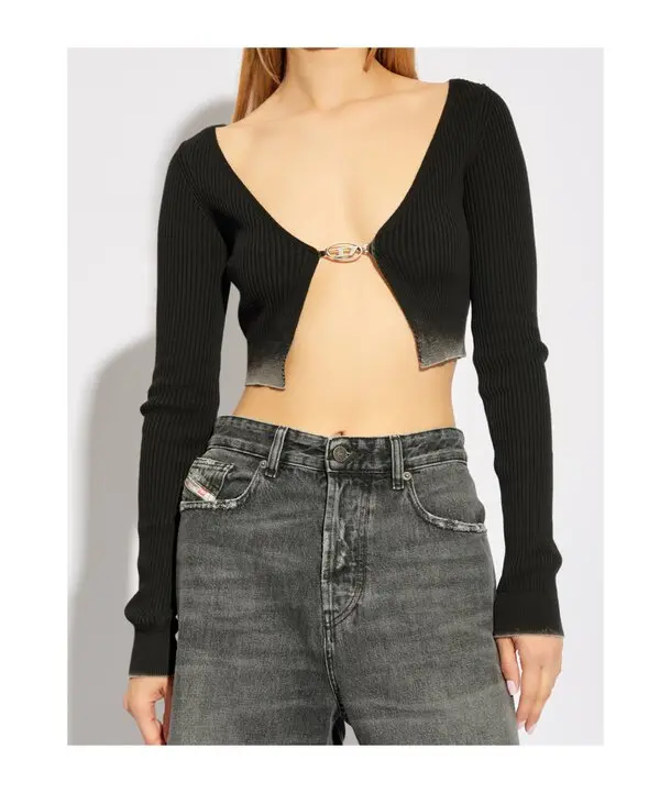 DIESEL® Ribbed Long Sleeve Crop Top With Logo Buckle