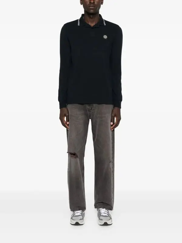 Stone Island Logo Patch Long-sleeved Polo Shirt - Blue