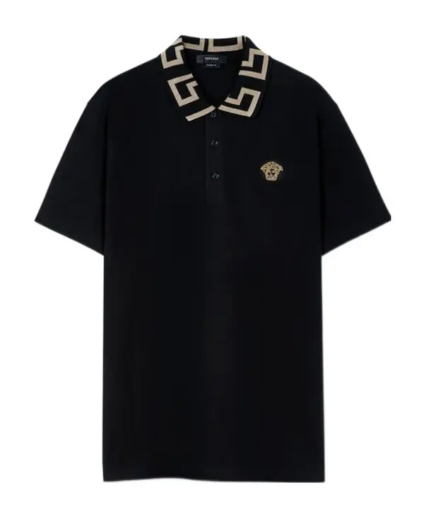 Versace Logo Patch Short-sleeved Polo Shirt - Black