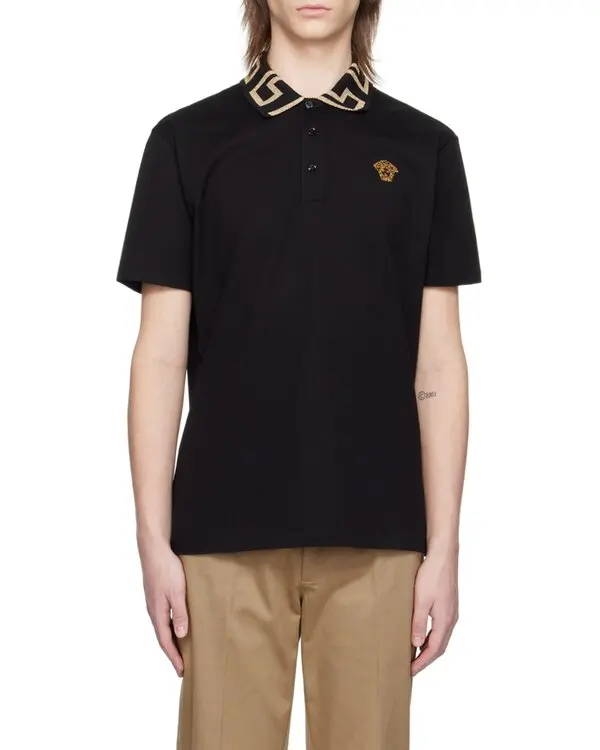 Versace Logo Patch Short-sleeved Polo Shirt - Black