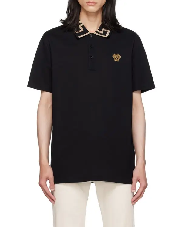 Versace Logo Patch Short-sleeved Polo Shirt - Black