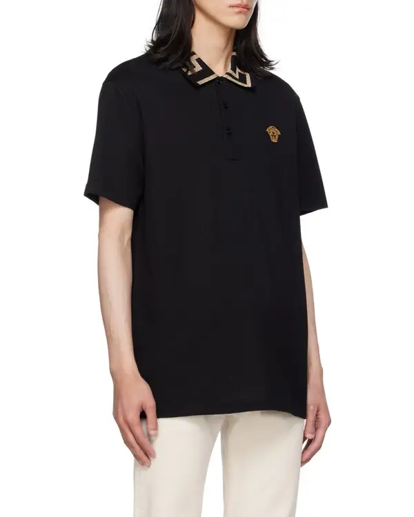 Versace Logo Patch Short-sleeved Polo Shirt - Black