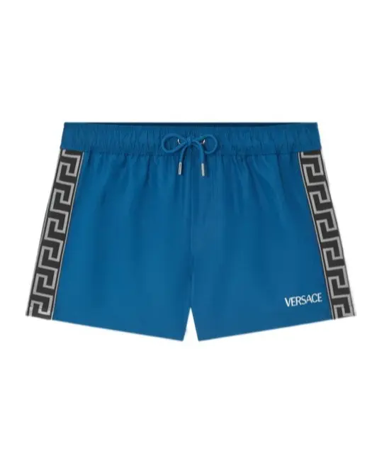 Versace Drawstring Swim Shorts With Greek Border - Blue
