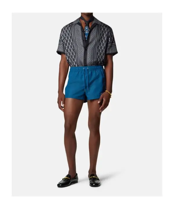 Versace Drawstring Swim Shorts With Greek Border - Blue