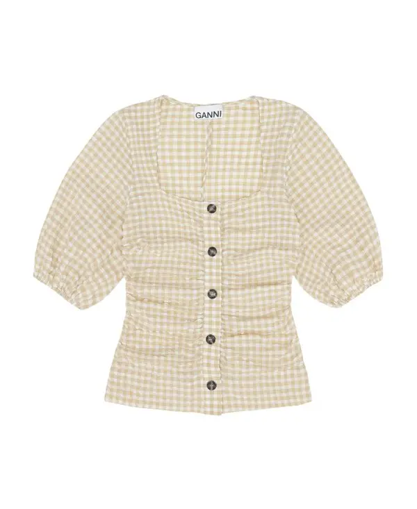 GANNI Gingham Check Gathered Blouse