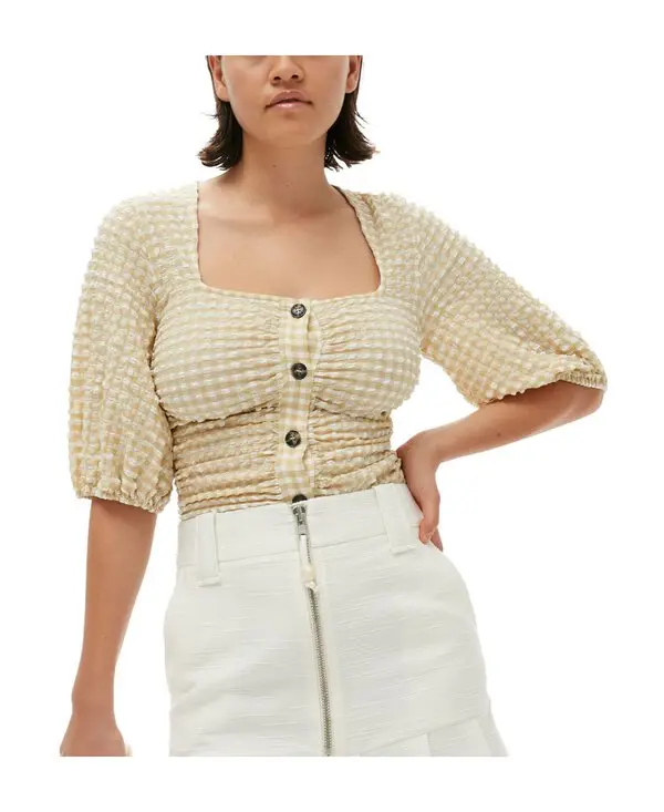 GANNI Gingham Check Gathered Blouse
