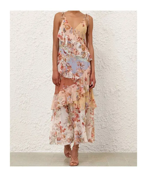 Zimmermann Awaken Frilled Slip Maxi Dress - Spliced Print