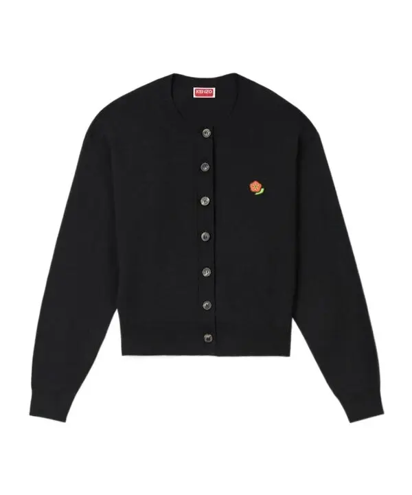 Kenzo Embroidered Merino Wool Crewneck Cardigan - Black
