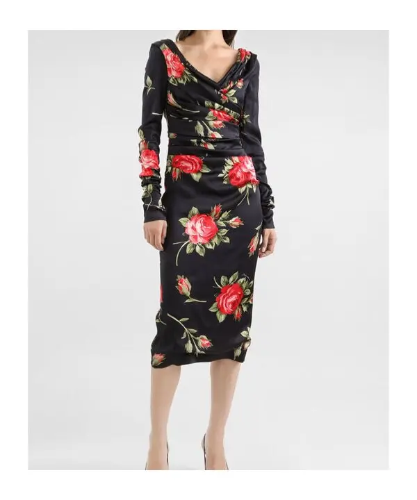 Dolce & Gabbana Ruched Floral Long Sleeve Midi Dress