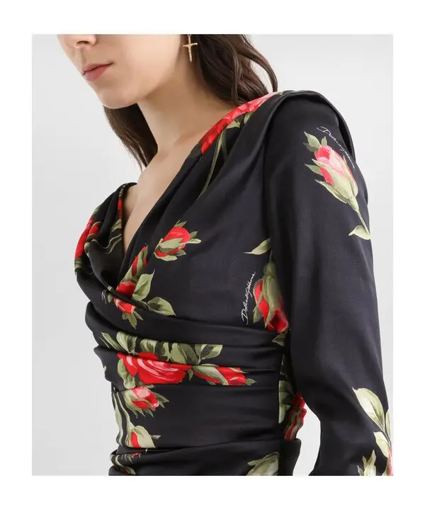 Dolce & Gabbana Ruched Floral Long Sleeve Midi Dress