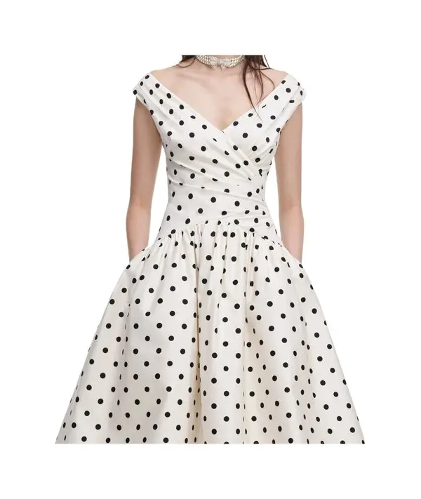 SELF-PORTRAIT Polka Dot Off-shoulder Sweetheart Neckline Flared Midi Dress
