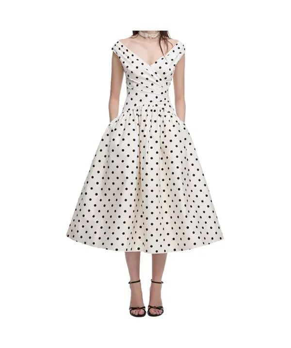SELF-PORTRAIT Polka Dot Off-shoulder Sweetheart Midi Dress
