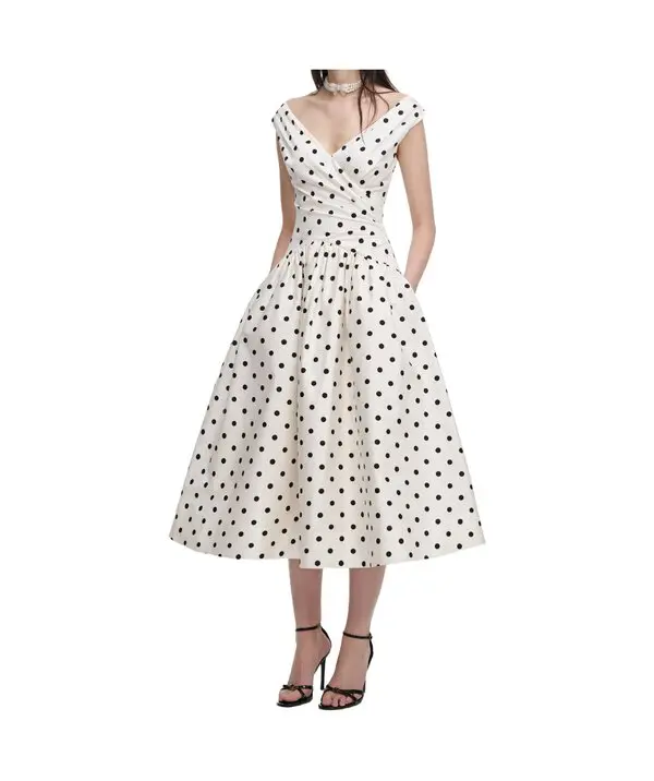 SELF-PORTRAIT Polka Dot Off-shoulder Sweetheart Midi Dress