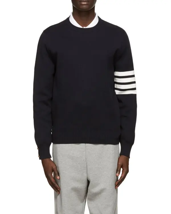 Thom Browne 4-bar Crewneck Jumper With Button Details - Navy Blue