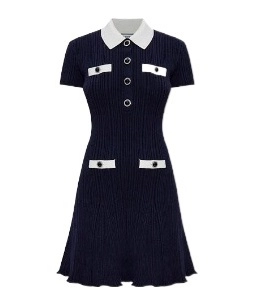 SELF-PORTRAIT Contrast Collar Knitted Mini Dress - Navy Blue