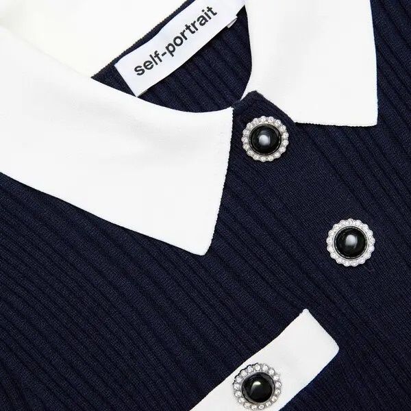 SELF-PORTRAIT Contrast Collar Knitted Mini Dress - Navy Blue
