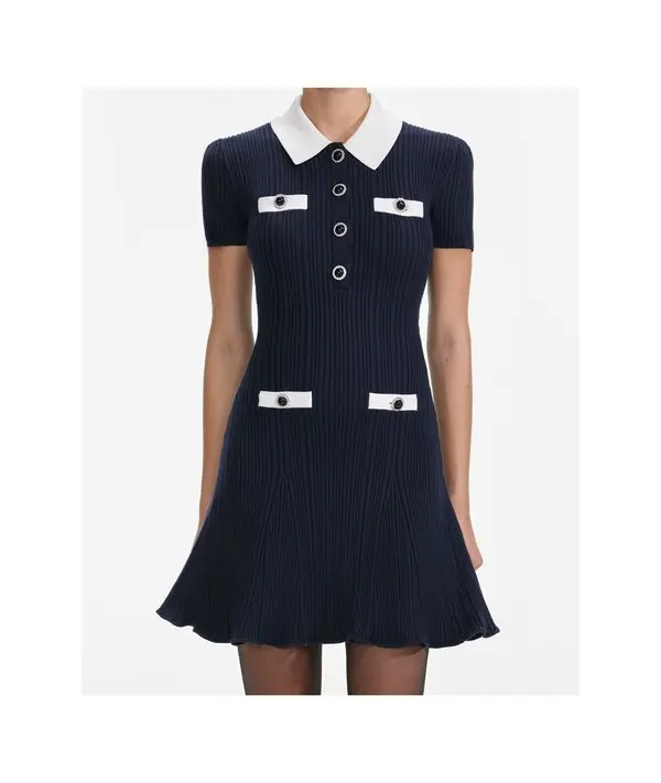 SELF-PORTRAIT Contrast Collar Knitted Mini Dress - Navy Blue