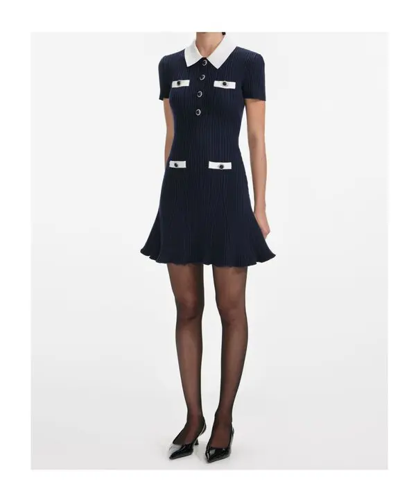 SELF-PORTRAIT Contrast Collar Knitted Mini Dress - Navy Blue