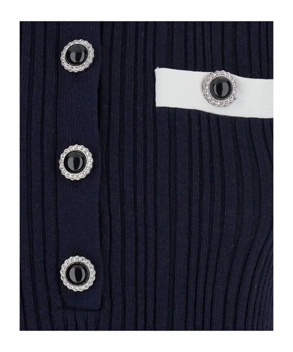 SELF-PORTRAIT Contrast Collar Knitted Mini Dress - Navy Blue
