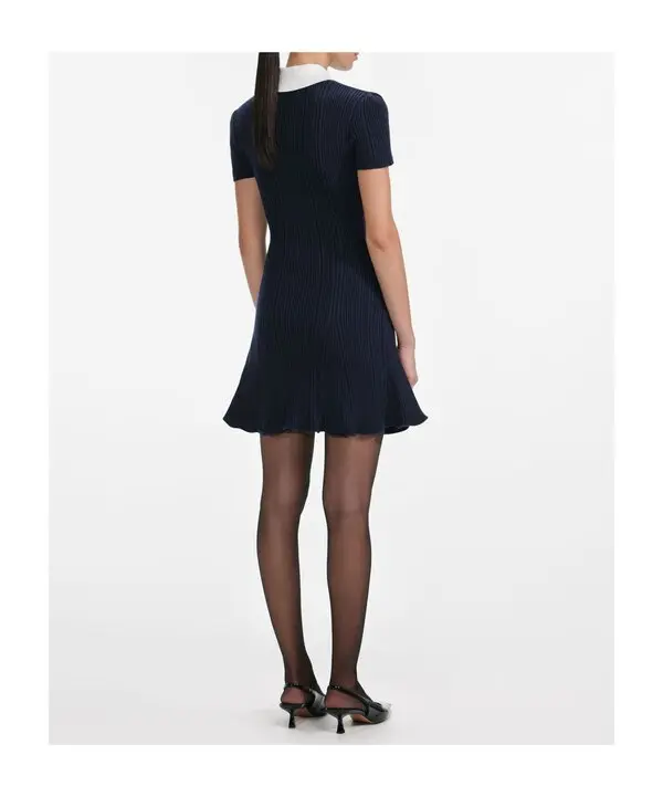 SELF-PORTRAIT Contrast Collar Knitted Mini Dress - Navy Blue