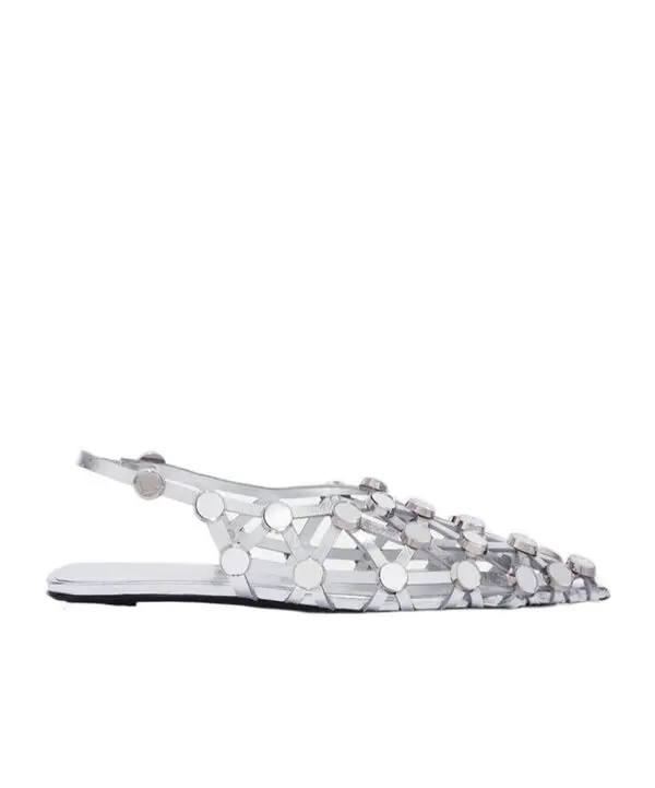 Attico Pointed Toe Slingback Flat Sandals With Hollow Detailing - Silver