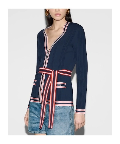 Gucci Belted Button-up Cardigan With Enamel Buttons - Dark Blue