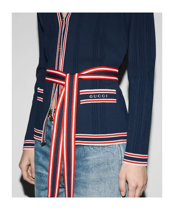 Gucci Belted Button-up Cardigan With Enamel Buttons - Dark Blue