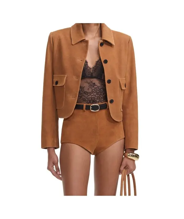 SELF-PORTRAIT Suede Cropped Jacket With Notched Lapel - Brown