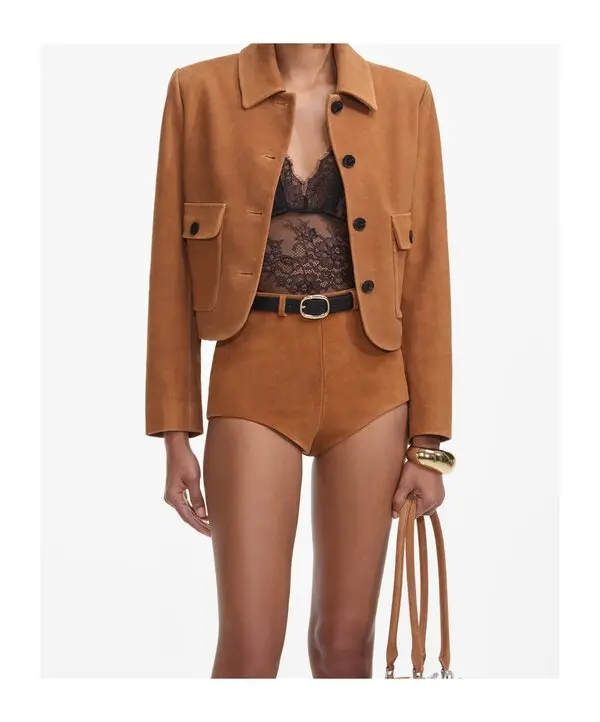 SELF-PORTRAIT Suede Cropped Jacket With Notched Lapel - Brown