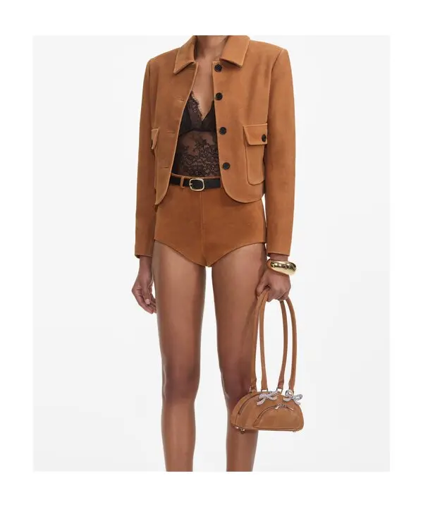 SELF-PORTRAIT Suede Cropped Jacket With Notched Lapel - Brown