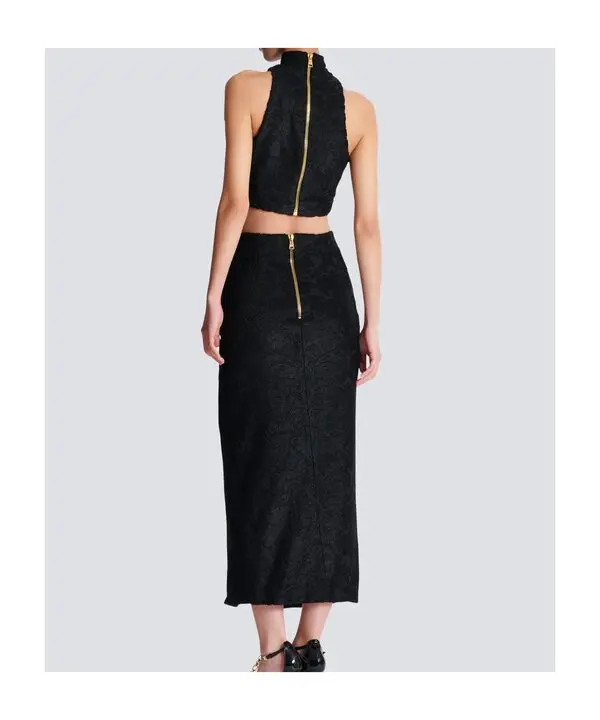 Balmain Baroque Pattern Midi Skirt With Slit Hem - Black
