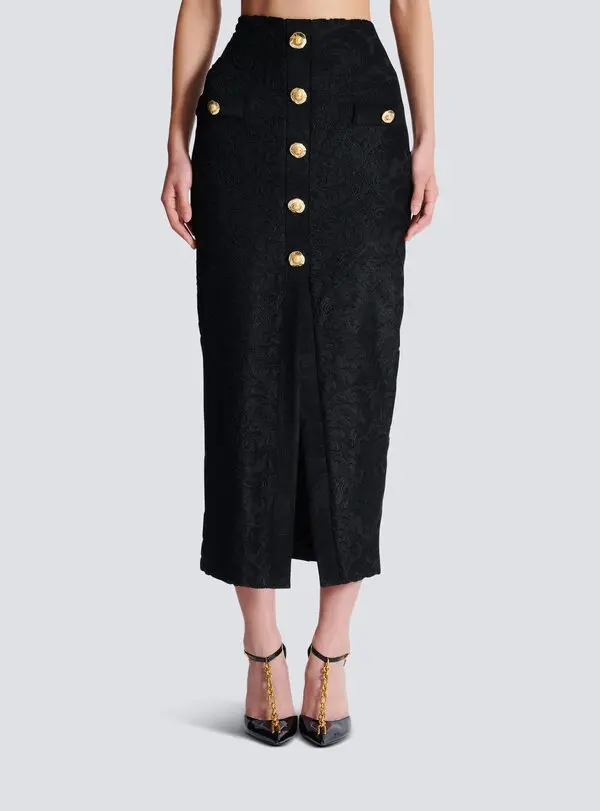 Balmain Baroque Pattern Midi Skirt With Slit Hem - Black