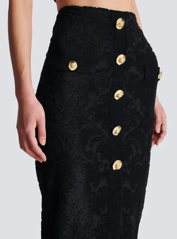 Balmain Baroque Pattern Midi Skirt With Slit Hem - Black