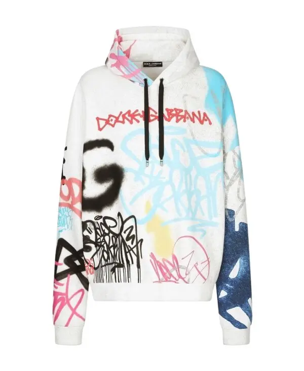 Dolce & Gabbana Graffiti Print Cotton Blend Hoodie - White