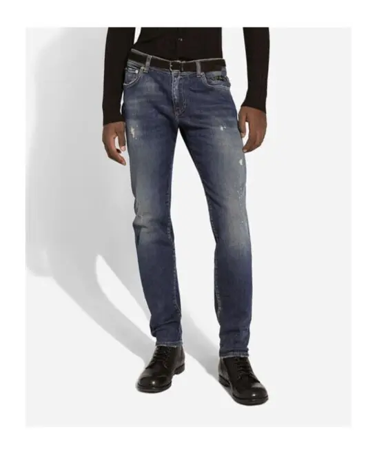 Dolce & Gabbana Distressed Dg Logo Chain Skinny Jeans - Blue