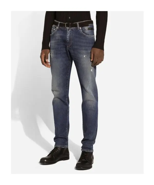 Dolce & Gabbana Distressed Dg Logo Chain Skinny Jeans - Blue